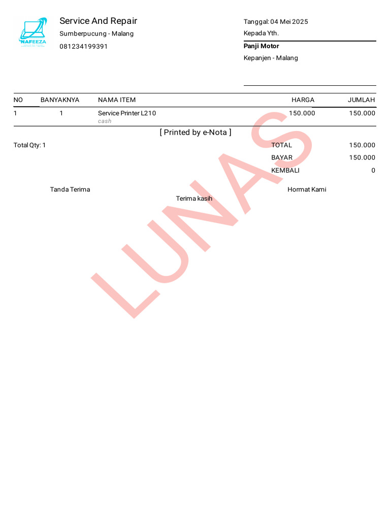 Nota Servis Motor Beat 2025 | PDF