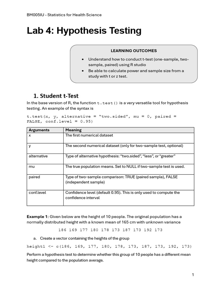 Hypothesis Testing with R: t-Test Guide | PDF | Student's T Test ...