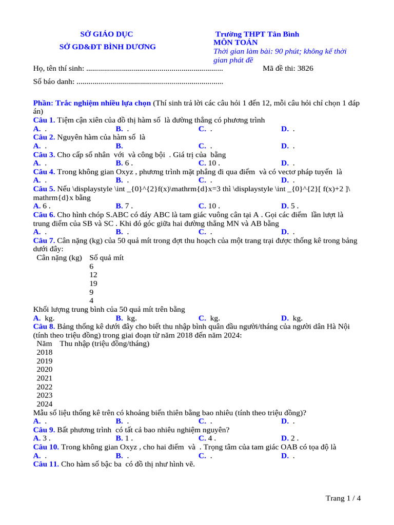 De e Khao Sat Chat Luong Toan 12 Nam 2024 2025 So Gdampt Ha Noi3826 | PDF