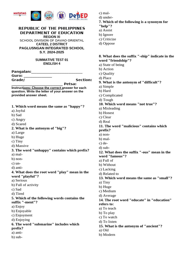 English 4 Summative Test: Vocabulary | PDF | Chess Openings | Chess
