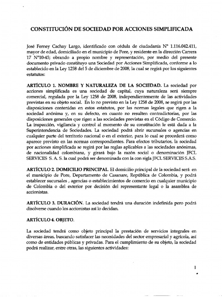 Constitucion Sociedas JFCL Services Sas | PDF