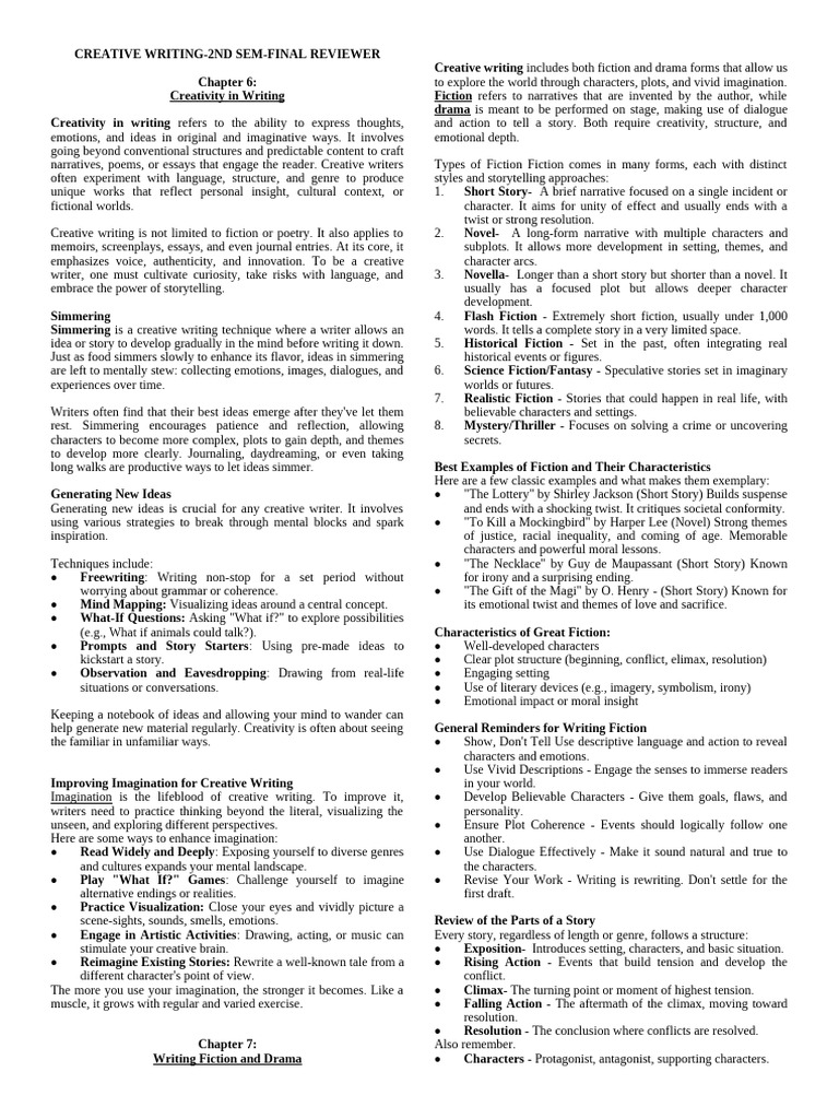 Creative Writing 2ND Sem Final Reviewer | PDF | Narrative | Creativity