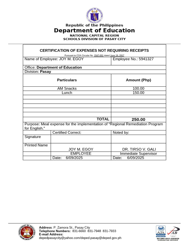 Certification of Expenses Not Requiring Receipts Surname | PDF