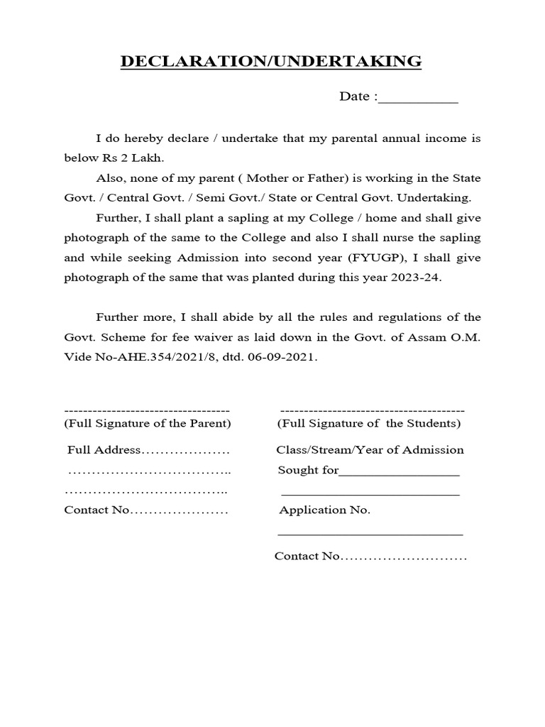 Form Declaration - (Undertaking) | PDF