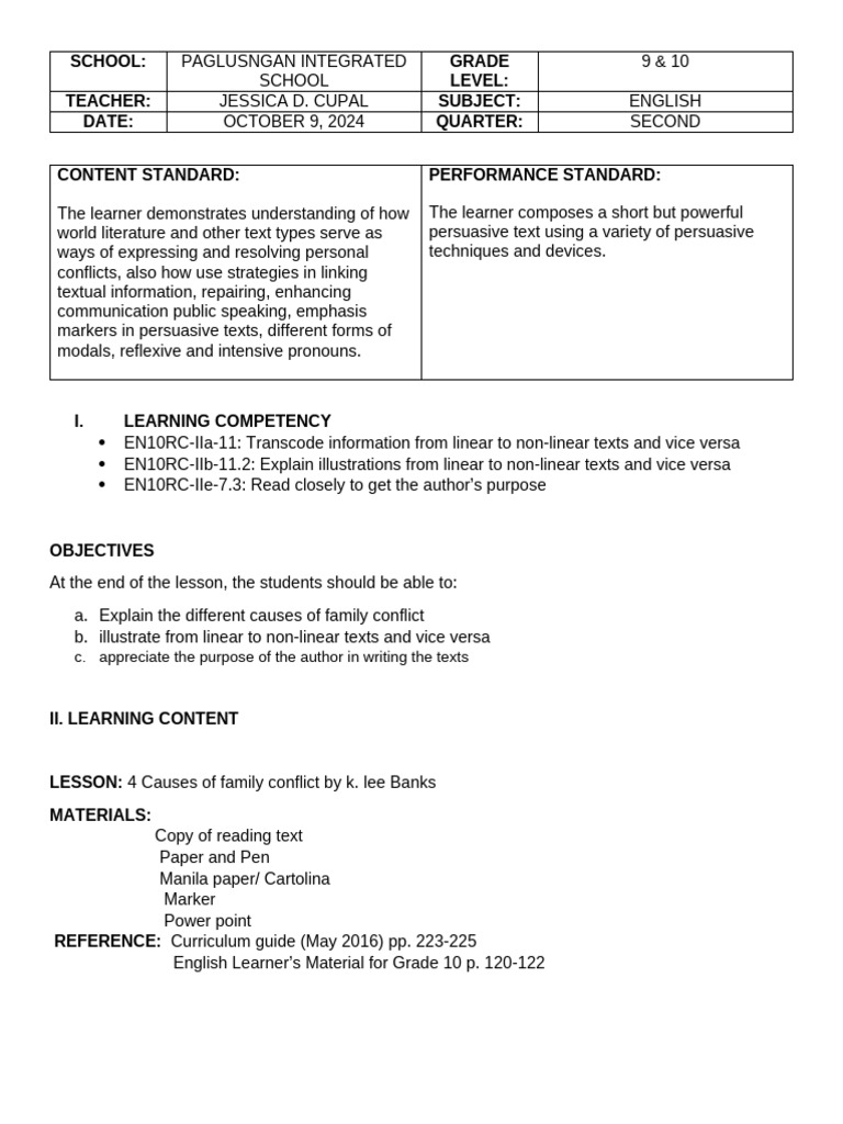 Grade 9-10 English: Family Conflict Lesson | PDF | Lesson Plan ...