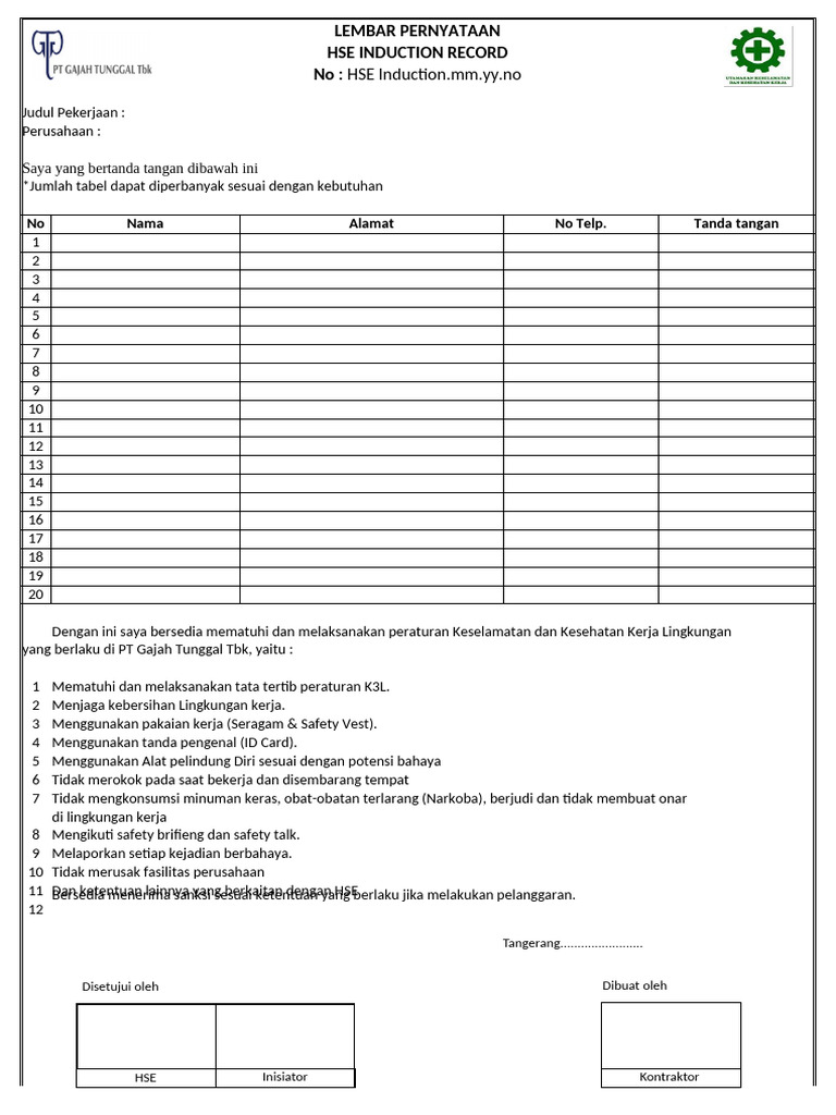 HSE-F-109H Form HSE Induction Record Rev.01 | PDF
