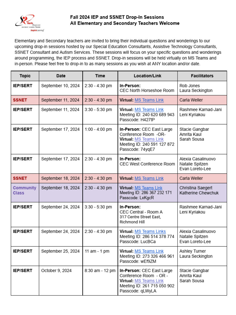 2024 Fall IEP SSNET Drop in Sessions | PDF
