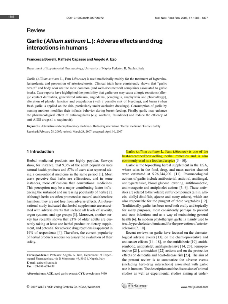Garlic: Adverse Effects & Interactions | PDF | Allergy | Dermatitis