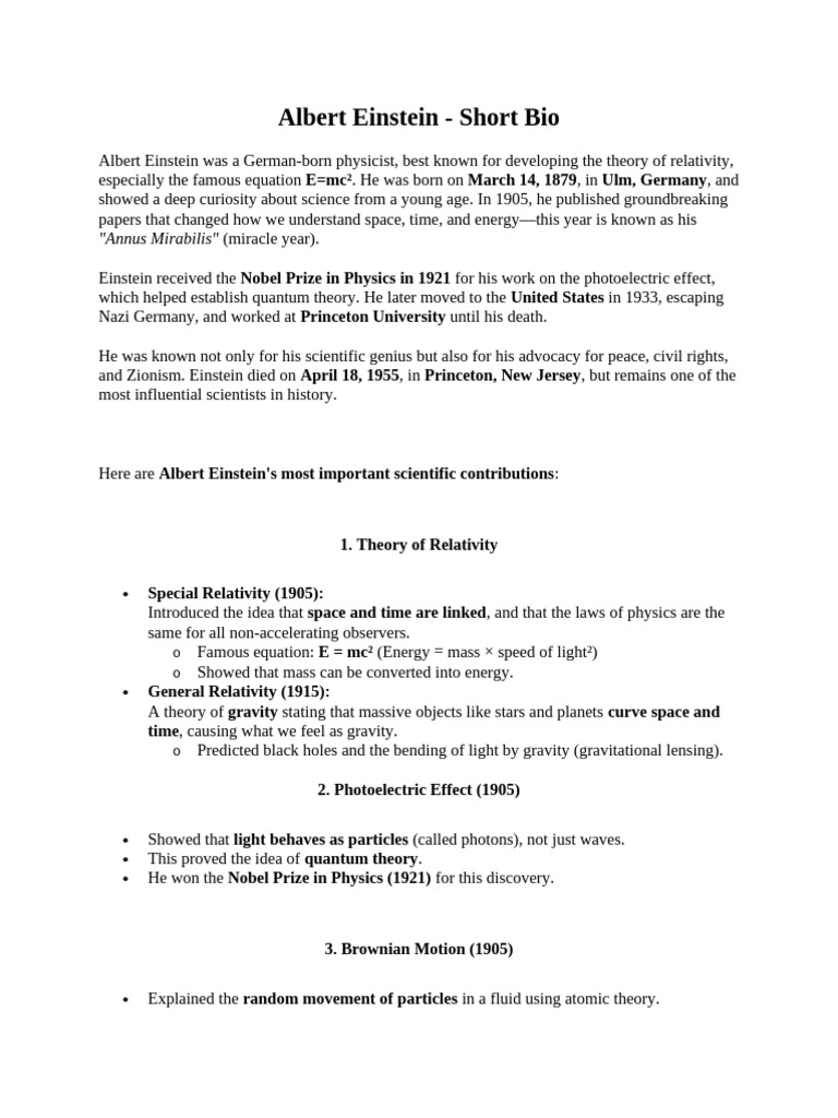Albert Einstein Short Bio | PDF | Albert Einstein | Gravity