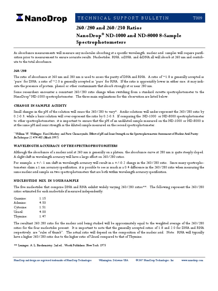 260-280 and 260-230 Ratios | PDF | Biochemistry | Chemistry