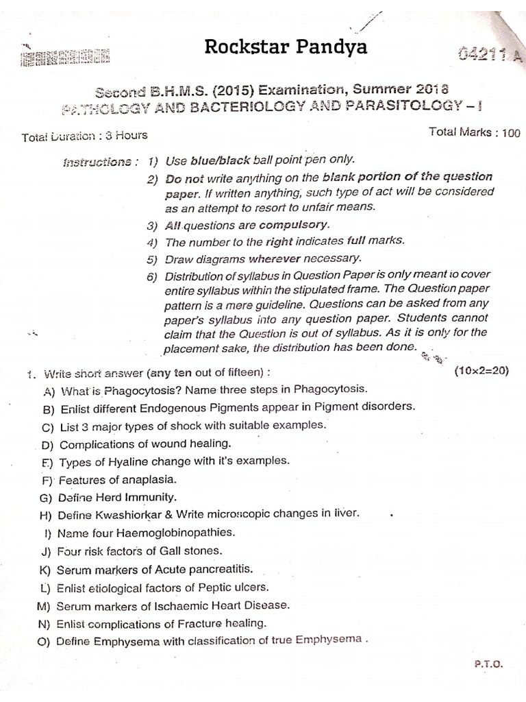 2nd BHMS (2015) - 2018 - Summer - Question Paper | PDF