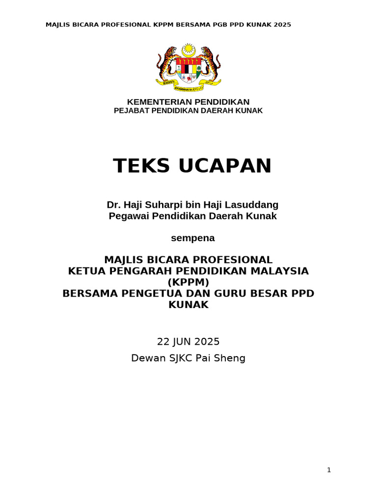 Teks Ucapan PPD Sempena Majlis Bicara Profesional KPPM Bersama PGB | PDF