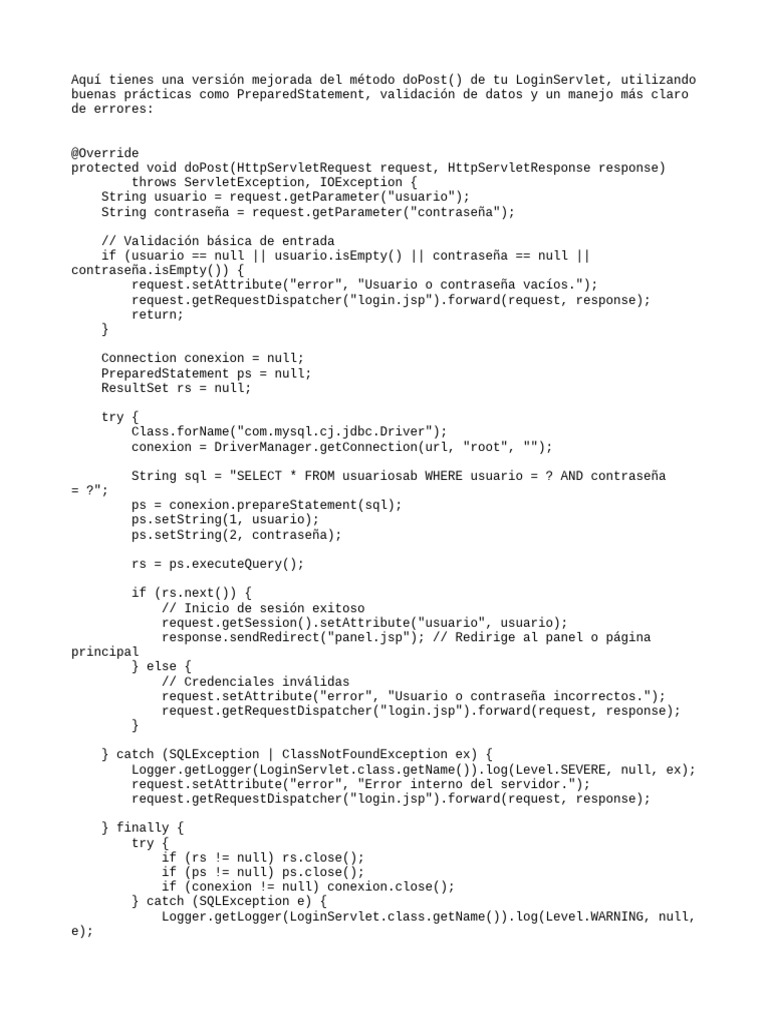 Mejora del método doPost() en LoginServlet | PDF