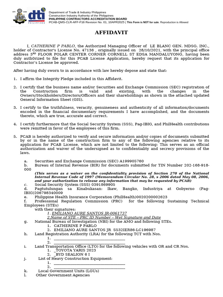 Contractors AFFIDAVIT 2025 | PDF | Affidavit | Political Corruption