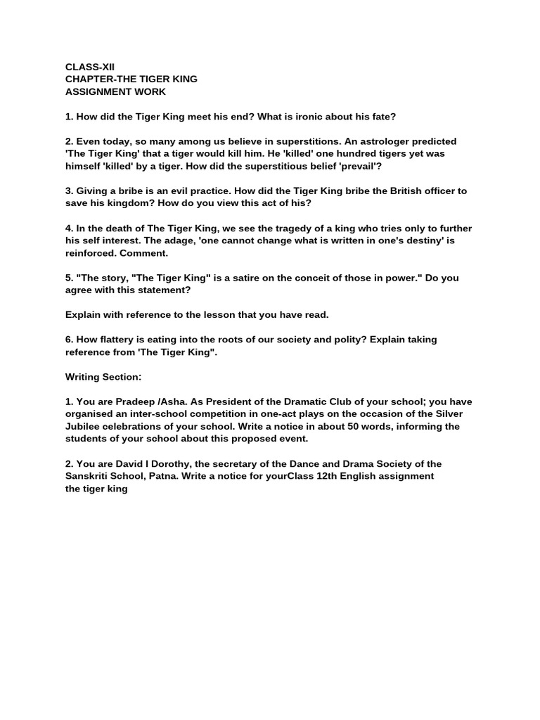 Class 12th The Tiger King Assignment | PDF