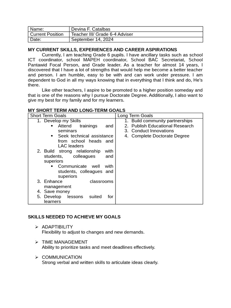 Catalbas - Career Management Plan | PDF | Teachers | Behavior Modification