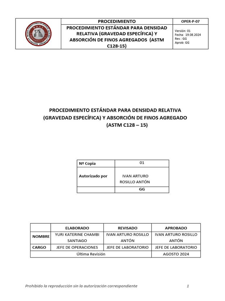 Oper-p-07 Procedimiento Estándar Para Densidad Relativa (Gravedad ...