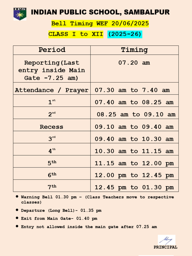 Bell Timing 2025-26 (Class 1 To 12) | PDF