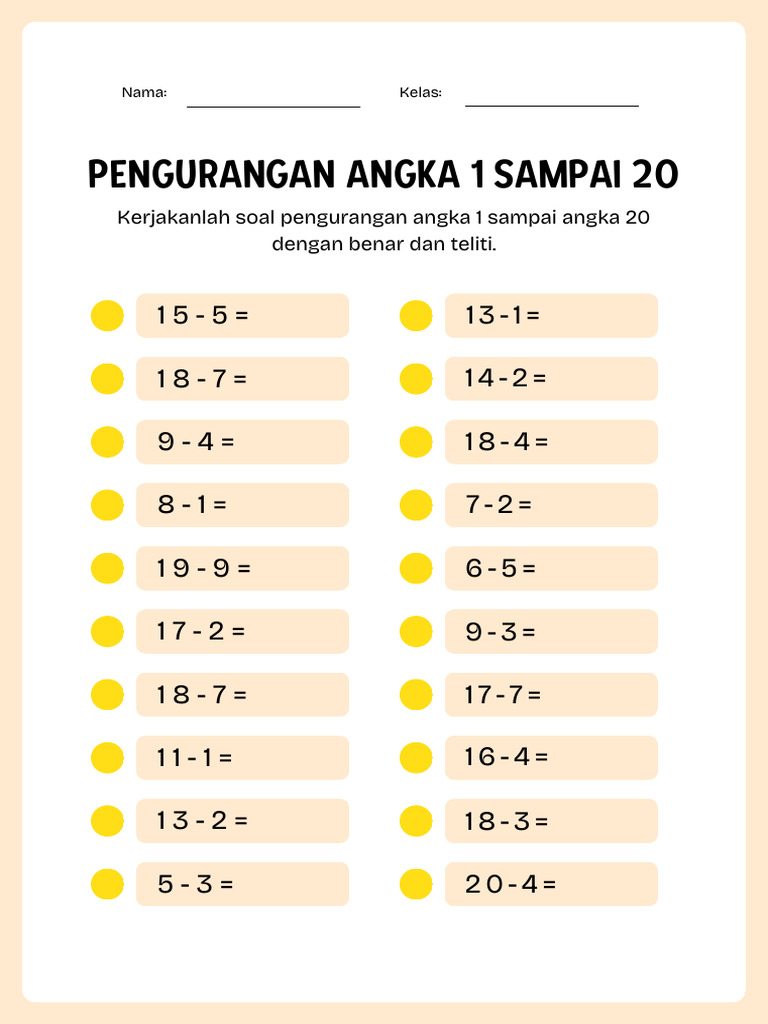 Krem Simpel Pengurangan Angka 1 Sampai 20 Lembar Kerja | PDF