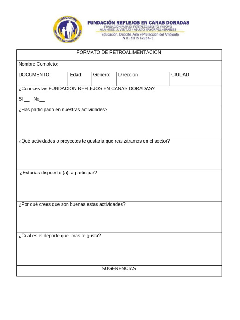 Formato de Retroalimentacion Fundacion Reflejos en Canas Doradas | PDF