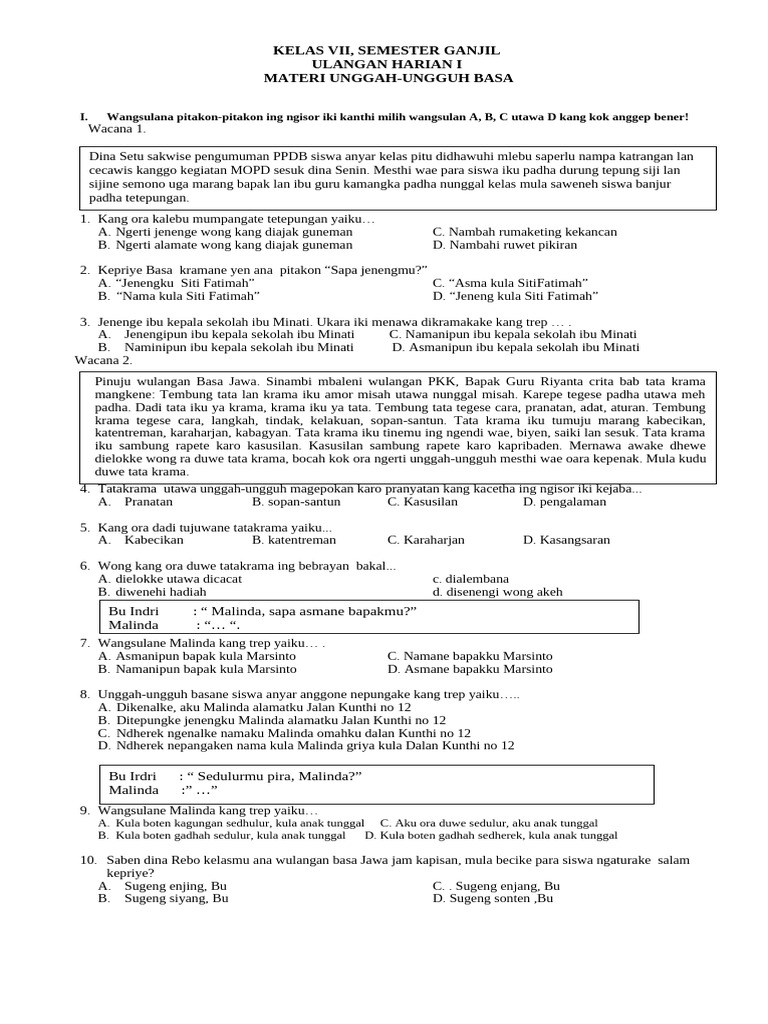 Soal UH 1 Kl7 Ganjil | PDF