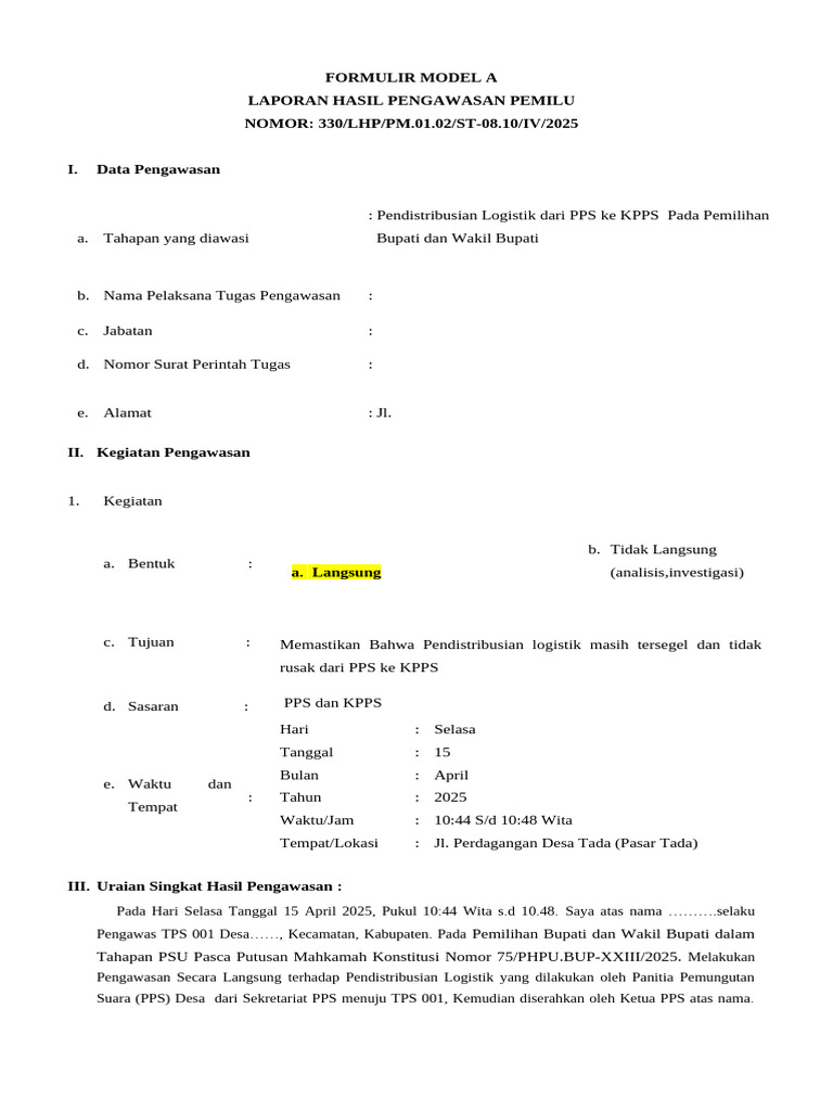Form-A Pendistribusia Logistik Dari Pps Ke Kpps Tps 001 | PDF