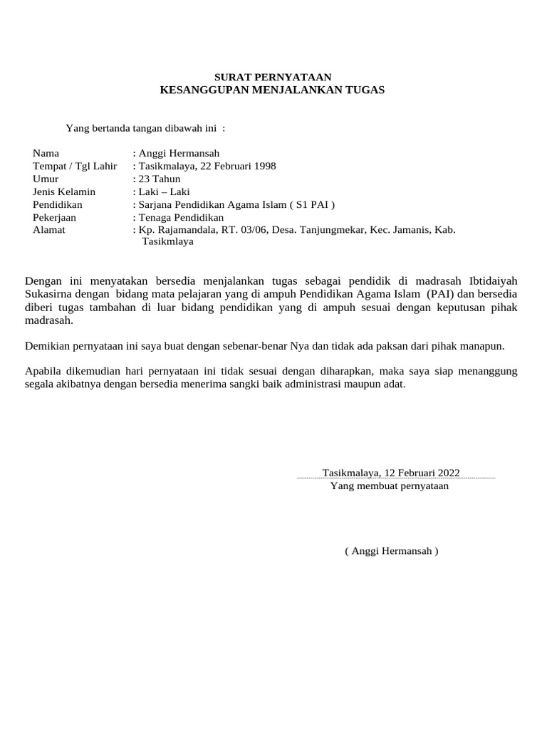 Surat Pernyataan Menjalankan Tugas | PDF