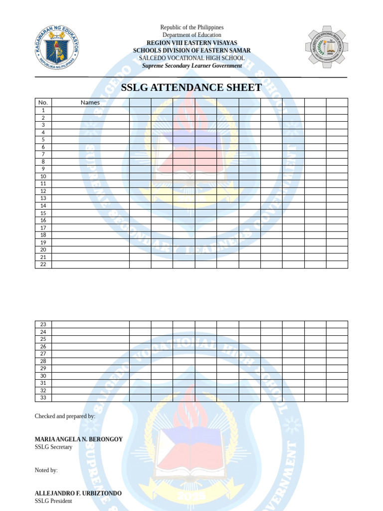 SSLG Attendance Sheet | PDF