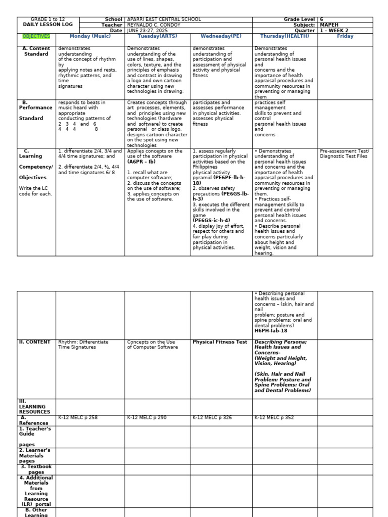 WEEK2 DLL MAPEH Farrah | PDF | Software | Learning