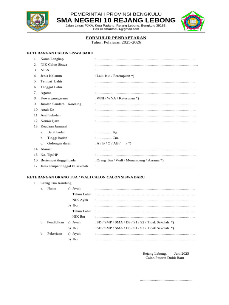 Formulir Pendaftaran Siswa Baru | PDF