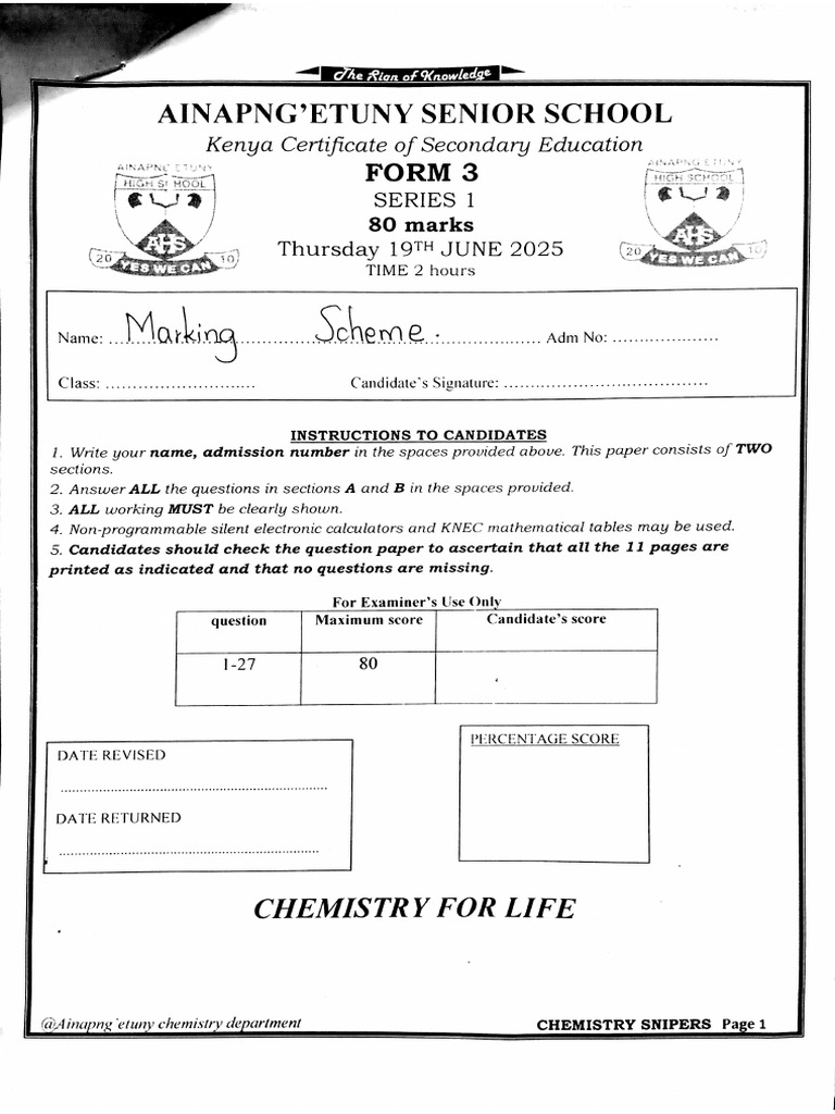 Jei Kiprono Chem Form 3 Mid Term Set 1 Ms | PDF