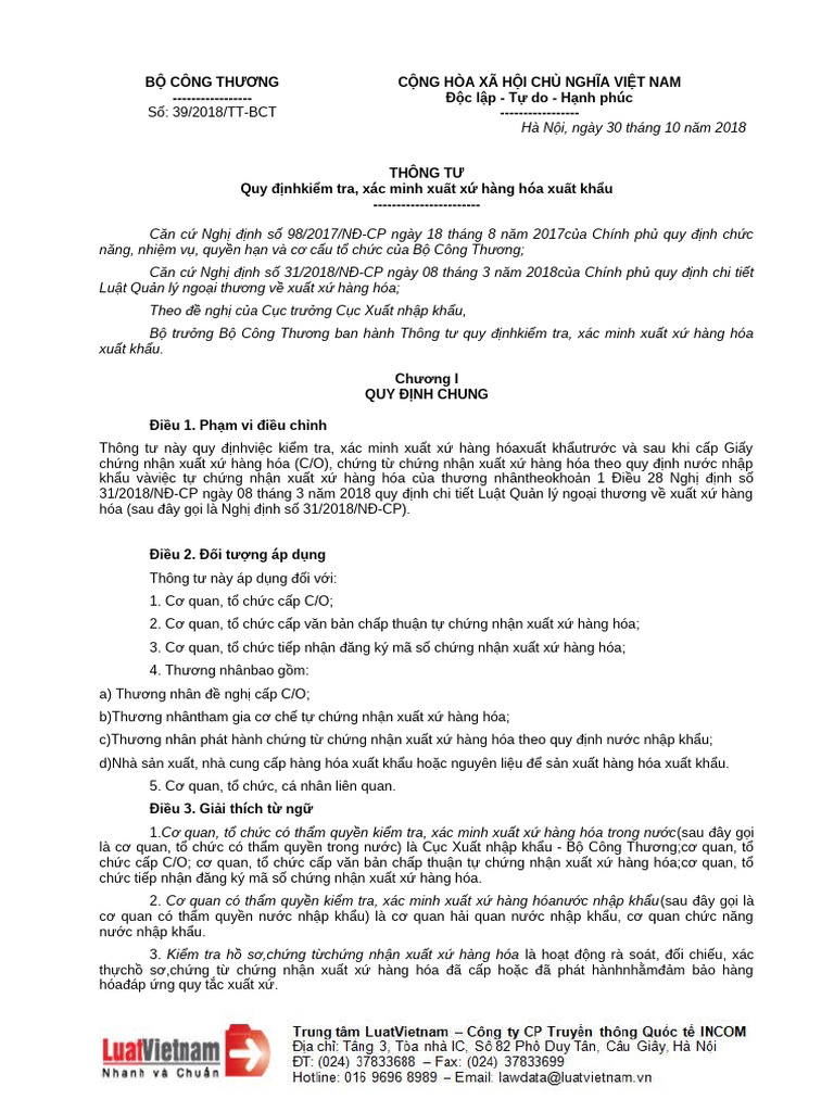 Thong Tu 39 2018 TT BCT Quy Dinh Kiem Tra Xac Minh Xuat Xu Hang Hoa Xuat Khau | PDF
