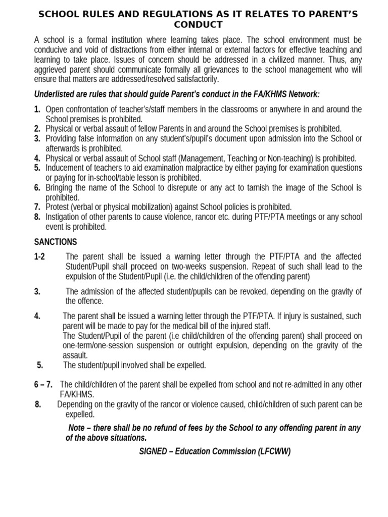 School Rules and Regulations As It Relates To Parent's Conduct | PDF ...