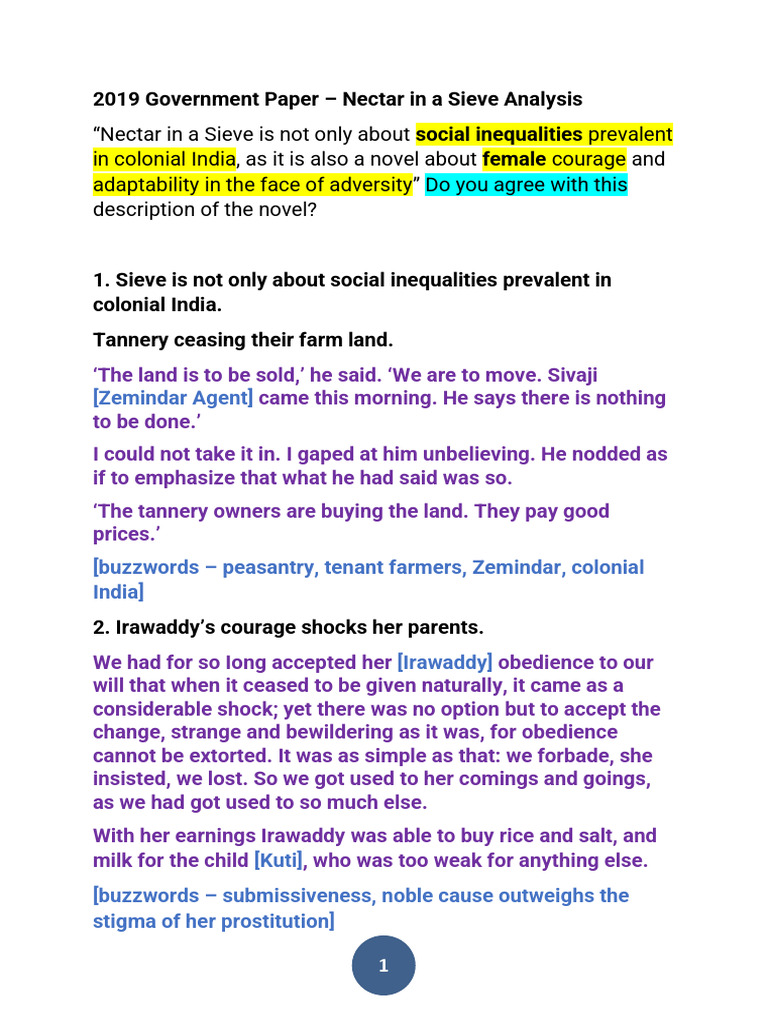 2019 GCE AL Government Paper Analysis For Nectar in A Sieve | PDF