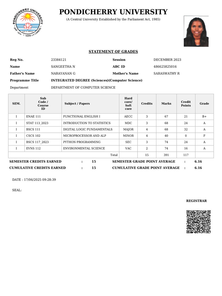 INTEGRATED DEGREE Sciences Computer Science YearSession 2023-2024-DeCEMBER REGULAR Term 1 Grade ...