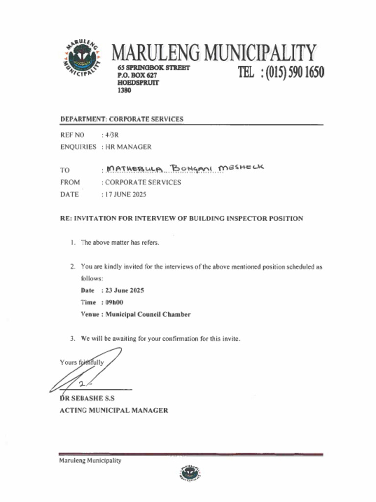 Mathebula Bongani Mesheck. B Inspector | PDF