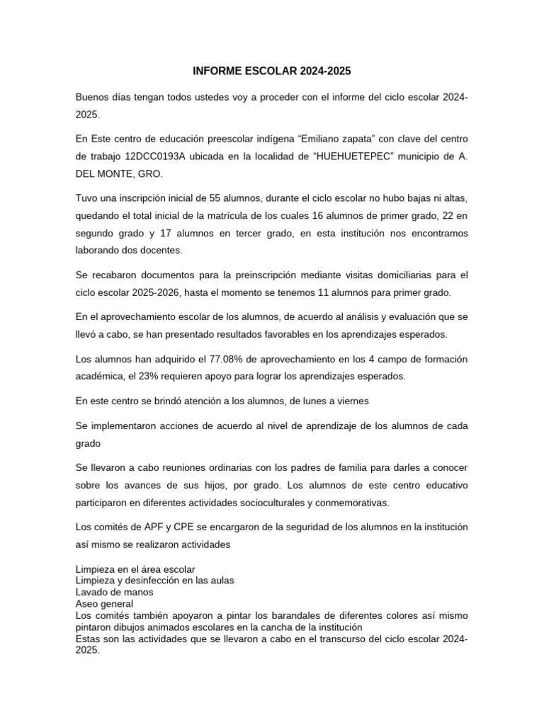 Informe Escolar 2025 | PDF