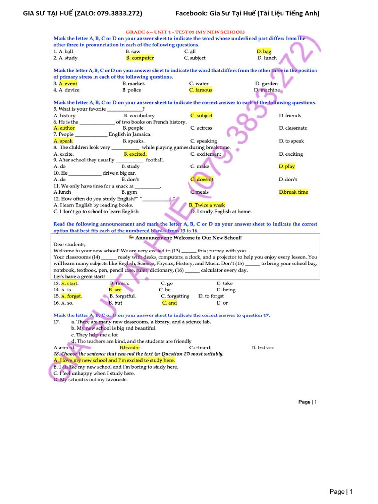 Test hk2 Global Success 6 Form 2025 Test Unit 1 | PDF