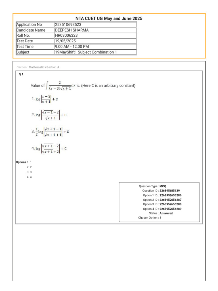 Cuet Mathematics and Physics Response Sheet | PDF | Multiple Choice ...