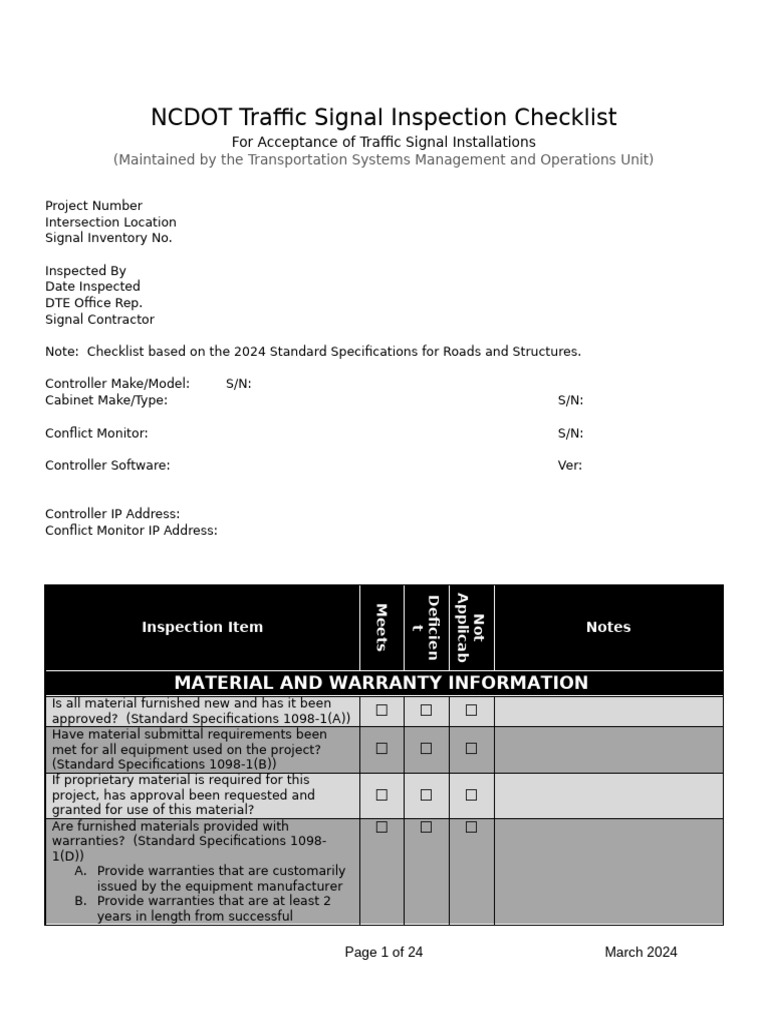 Traffic Signal Inspection Checklist | PDF | Wire | Pedestrian Crossing