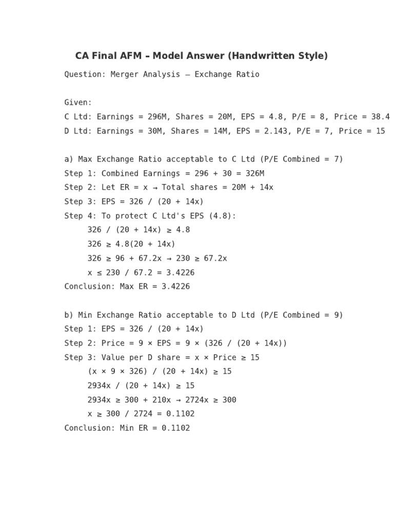 Merger Exchange Ratio Model Answer | PDF