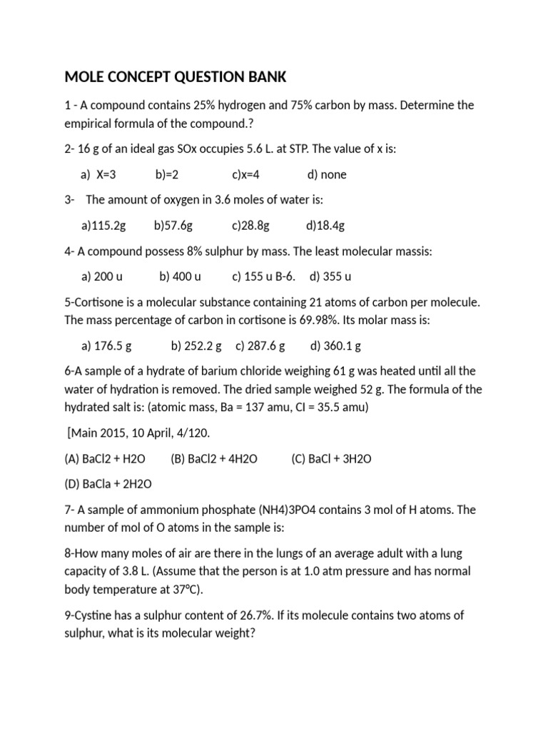Mole Concept Question Bank | PDF