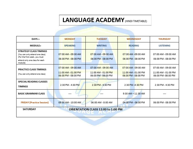 La Language Academy Pte Timetable With Orientation - Hindi Medium New | PDF