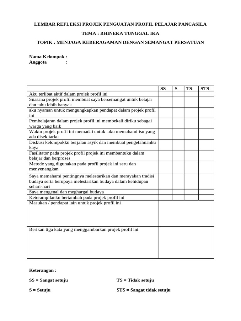 LEMBAR REFLEKSI P5 Bhineka Tunggal Ika | PDF