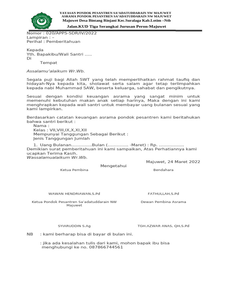 Surat Tagihan Asrama | PDF
