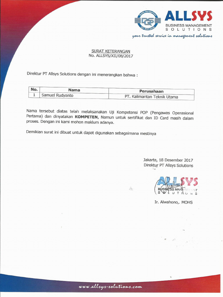 Surat Keterangan Training POP Allsys | PDF