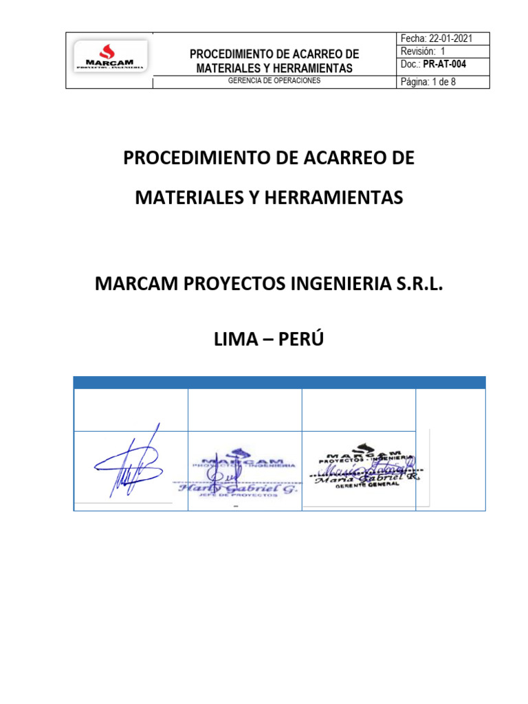 Procedimiento de Acarreo de Materiales | PDF | Seguridad y salud ...
