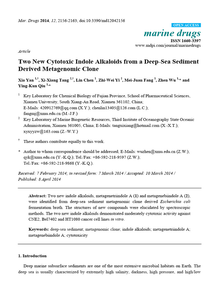 Two New Cytotoxic Indole Alkaloids From A Deep-Sea Sediment Derived Metagenomic Clone | PDF ...