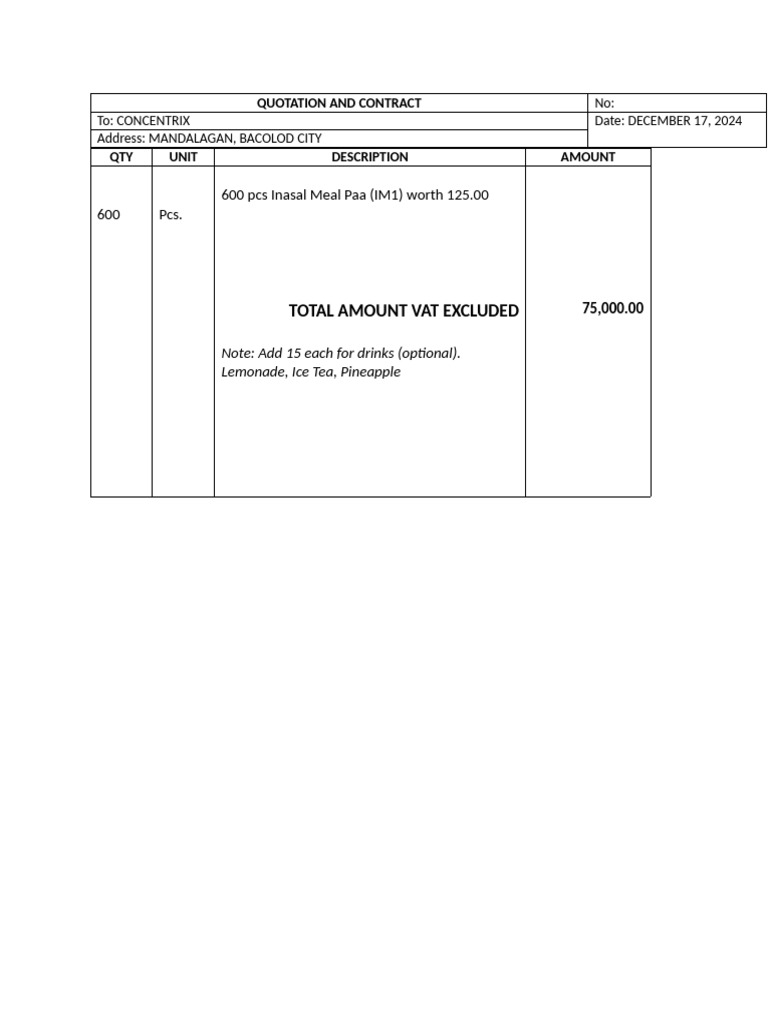 Quotation and Contract - Inasal Paa | PDF