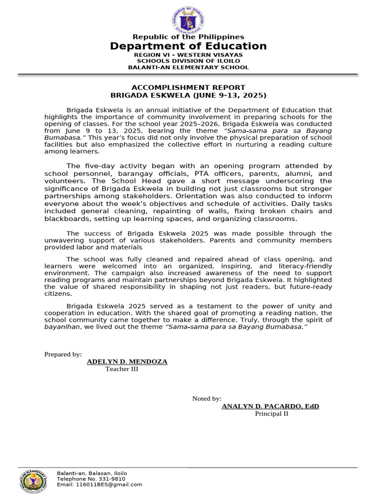 Brigada Eskwela 2025 Accomplishment Report | PDF | Behavior ...